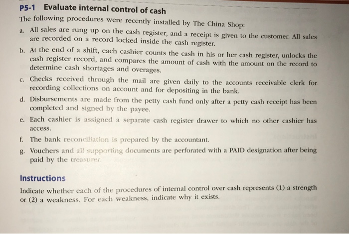 Solved P5-1 Evaluate internal control of cash The following | Chegg.com