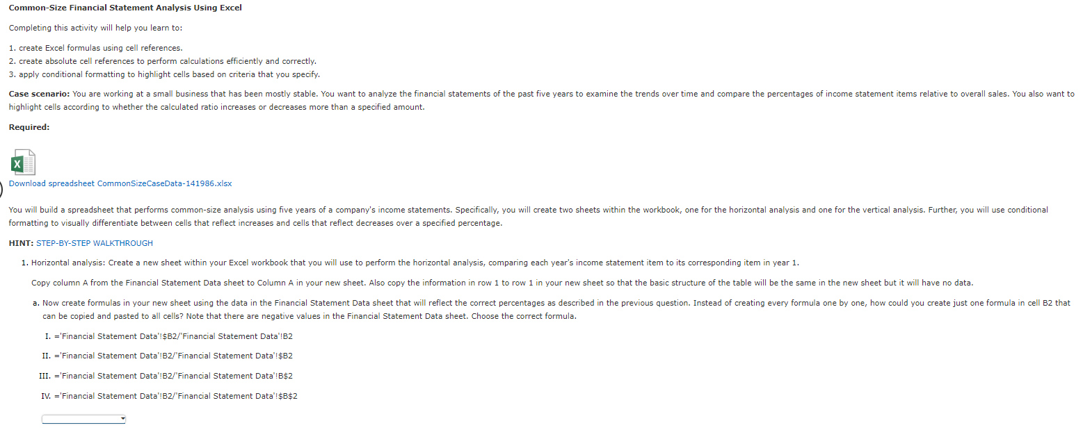 Solved Common-Size Financial Statement Analysis Using Excel | Chegg.com