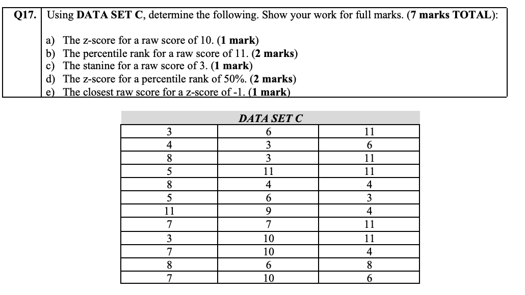 Solved Q17. Using DATA SET C, determine the following. Show | Chegg.com