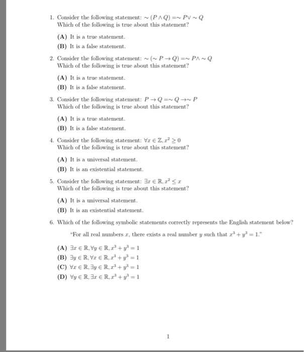 Solved I. Consider the following statement : ~ (P^Q) =~ Pv ~ | Chegg.com