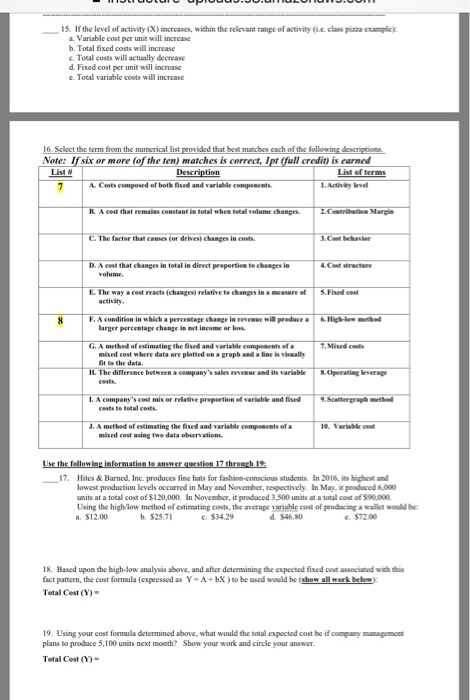Solved If the level of activity(X) increases, within the | Chegg.com