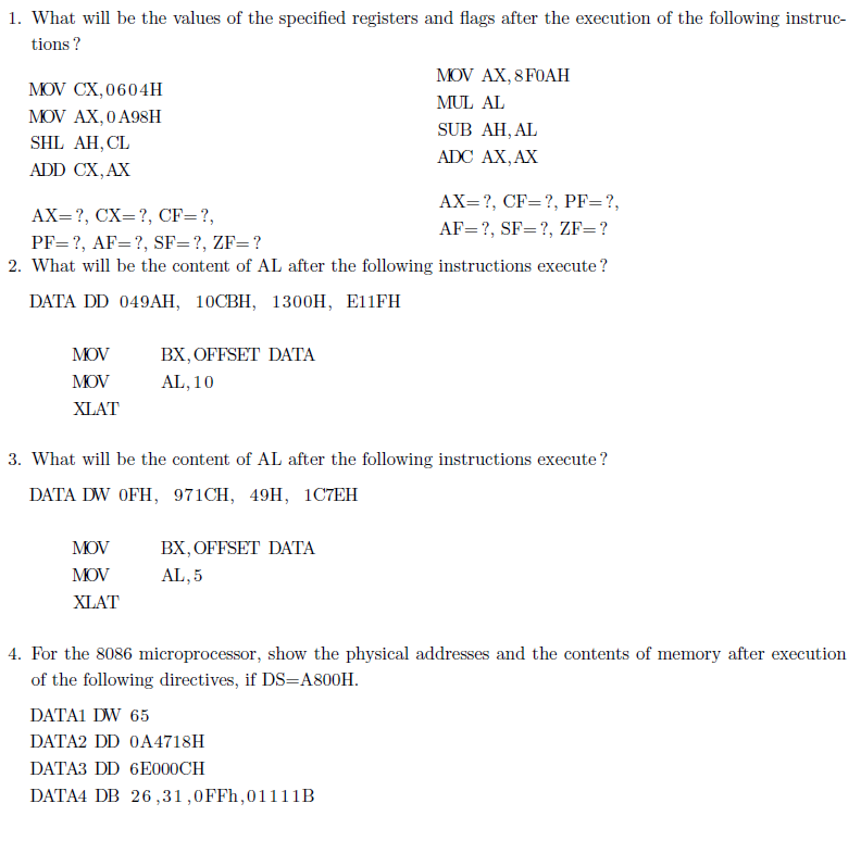 Solved 1. What will be the values of the specified registers | Chegg.com