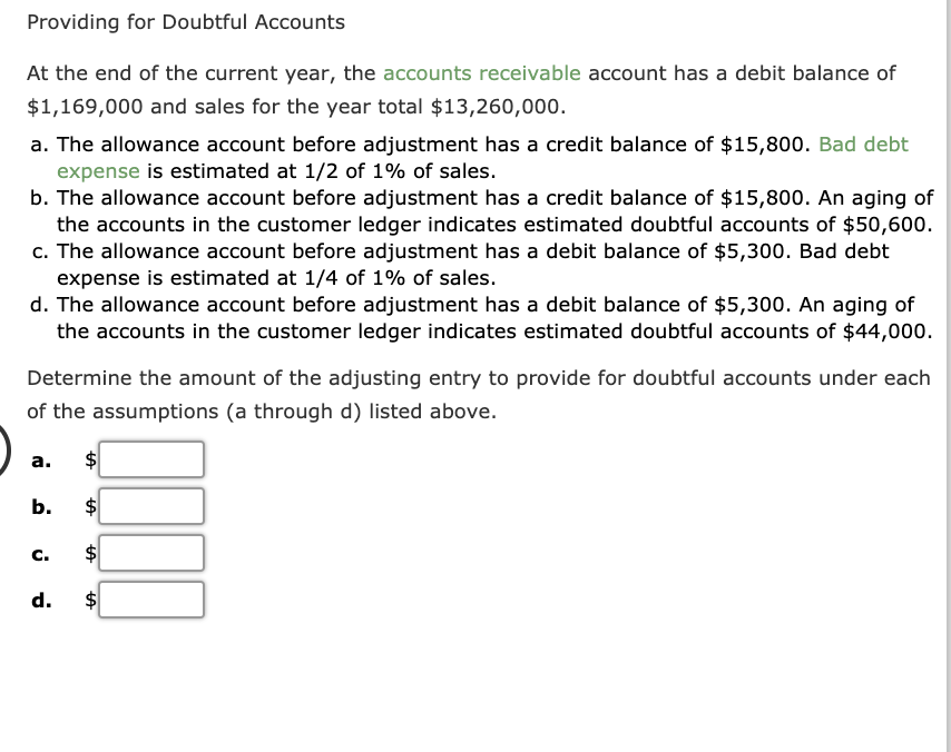 Solved Providing for Doubtful Accounts At the end of the | Chegg.com