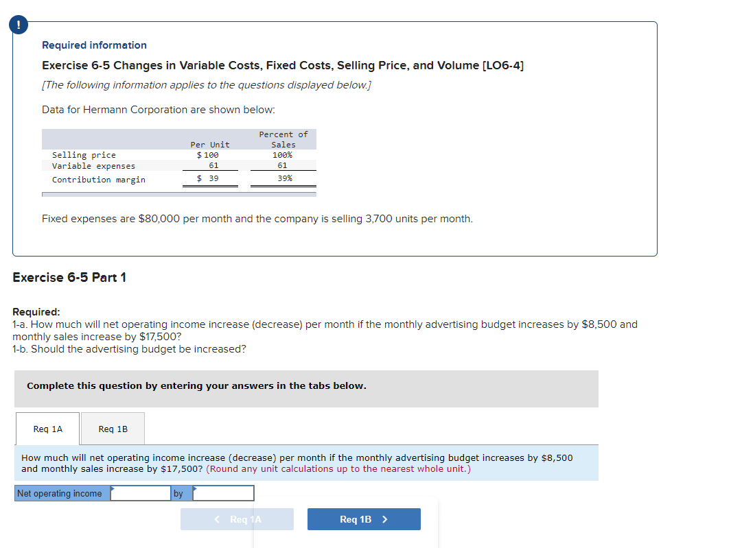 Solved Required information Exercise 6-5 Changes in Variable | Chegg.com
