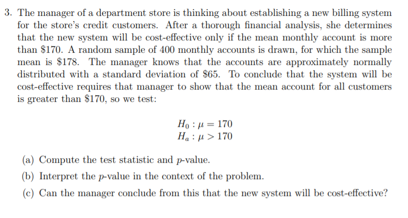 Solved 3. The manager of a department store is thinking | Chegg.com