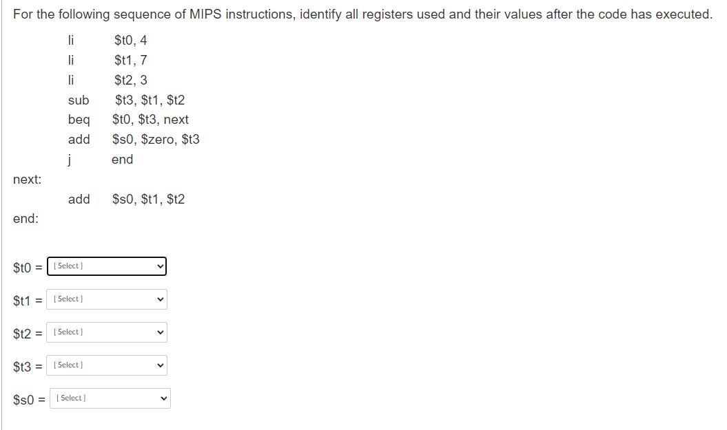 For the following sequence of MIPS instructions, | Chegg.com