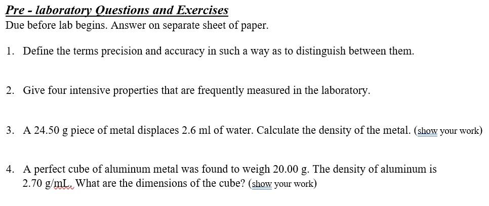 Solved Pre - laboratory Questions and Exercises Due before | Chegg.com