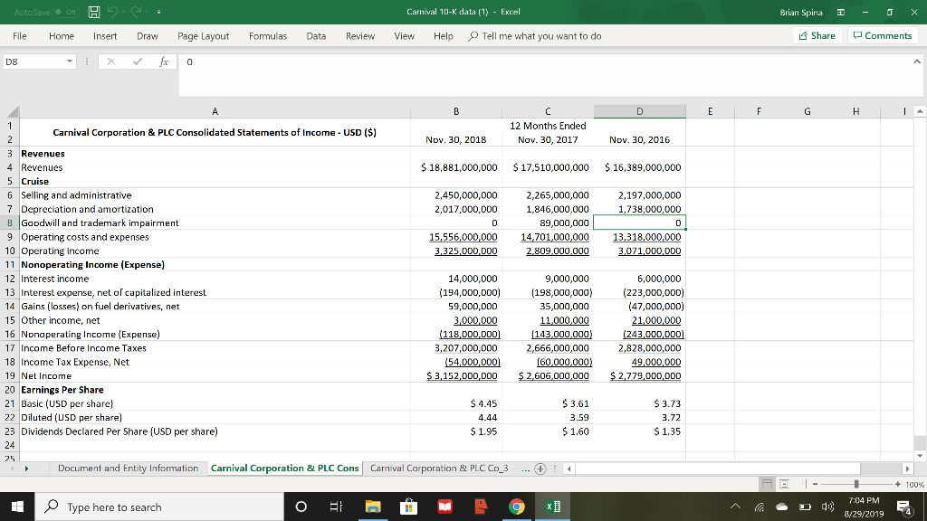 Solved Brian Spina AutoSave O Camival 10-K data (1) Excel X | Chegg.com