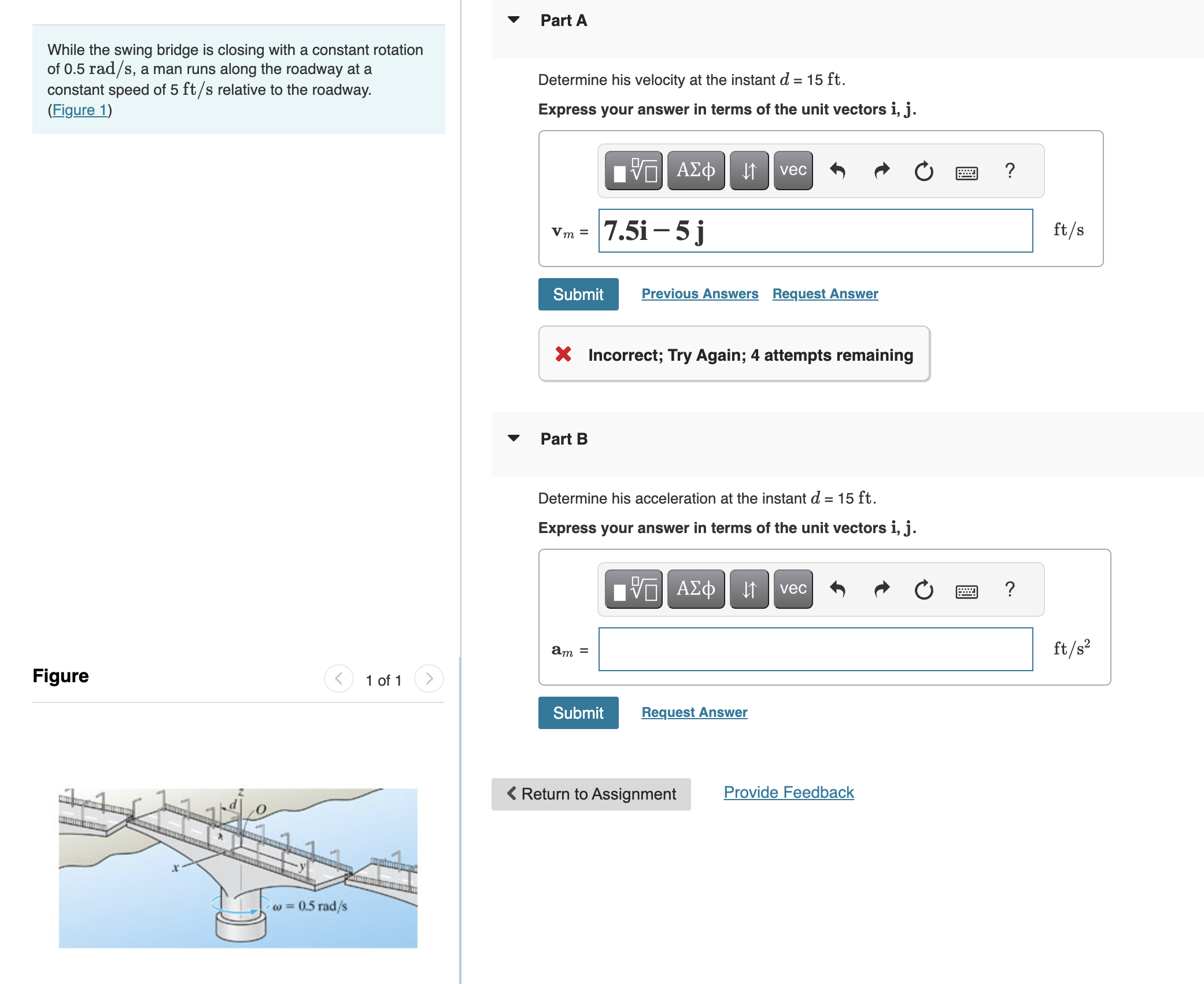 Solved While the swing bridge is closing with a constant | Chegg.com