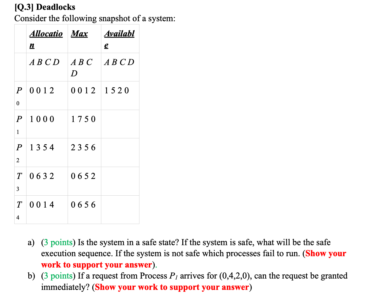 Solved [Q.3] Deadlocks Consider the following snapshot of a | Chegg.com