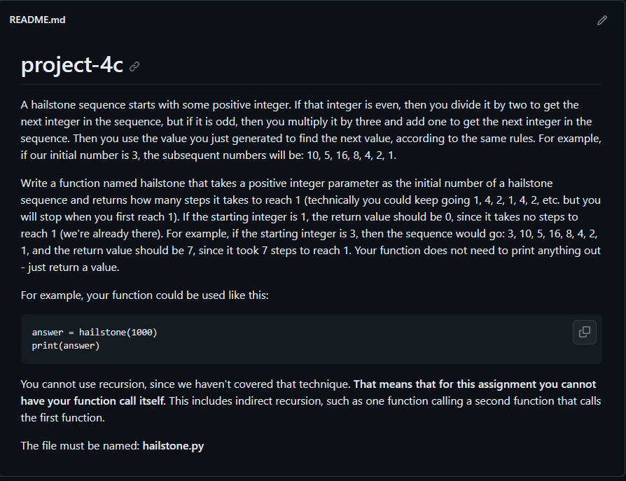 Solved README.md project-4c A hailstone sequence starts with | Chegg.com