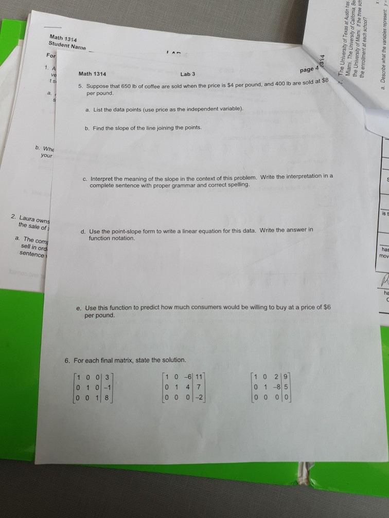 Solved Math 1314 Student Name 1. The University of Texas at | Chegg.com