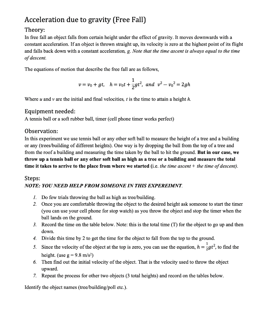 Acceleration due to gravity (Free Fall) Theory: In | Chegg.com