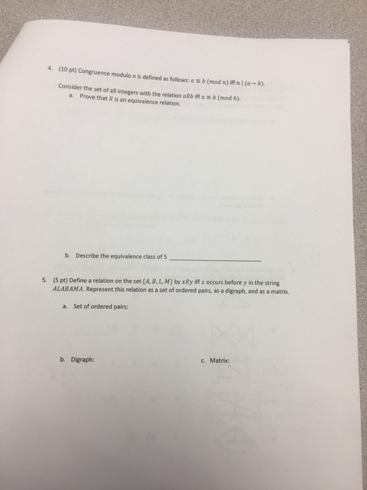 Solved 4. (10 pt) Congruence modulo n is defined as follows: | Chegg.com