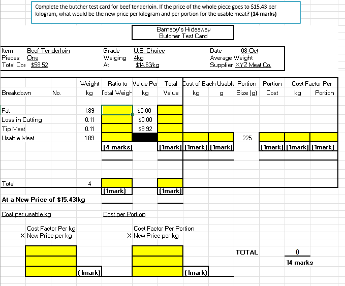 Complete the butcher test card for beef tenderloin. | Chegg.com