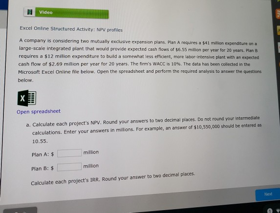 Solved Video Excel Online Structured Activity: NPV profiles | Chegg.com