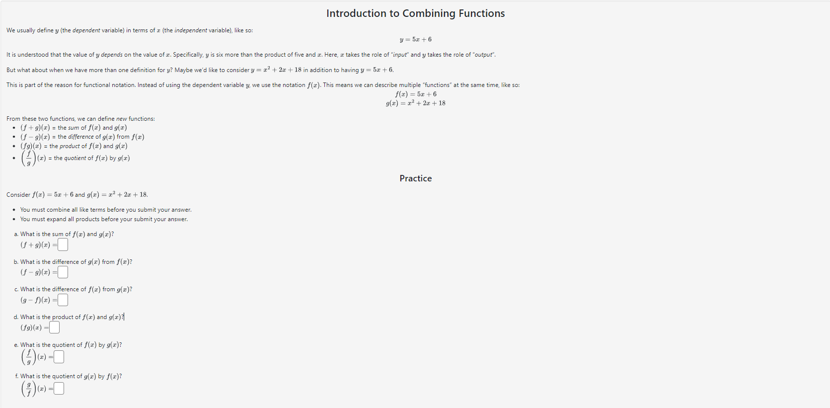 Solved Introduction to Combining Functions We usually define | Chegg.com