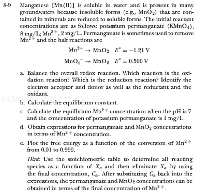 Solved 8-9 ﻿Manganese [Mn(II)] ﻿is soluble in water and is | Chegg.com