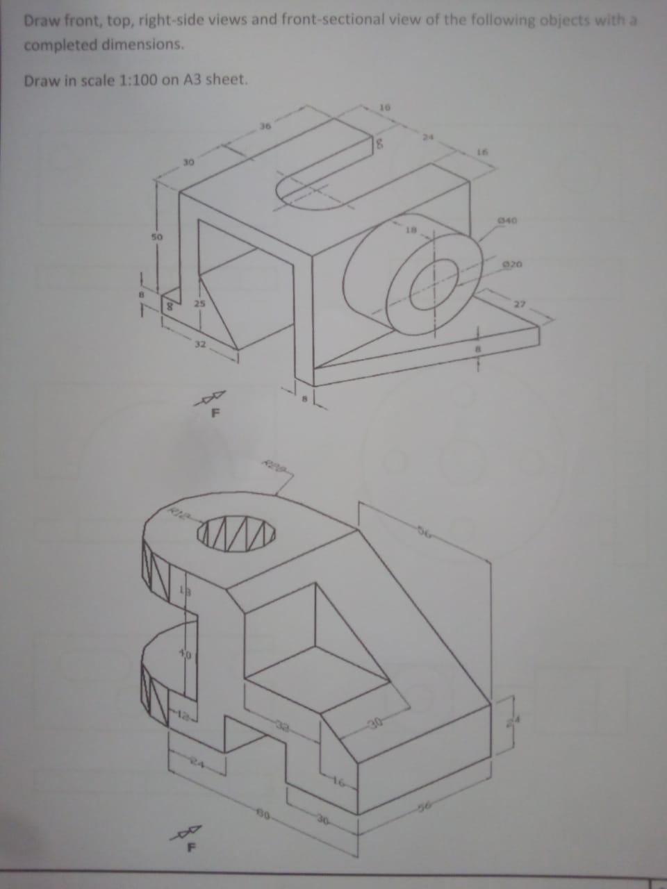 Solved Draw front, top, right-side views and front-sectional | Chegg.com
