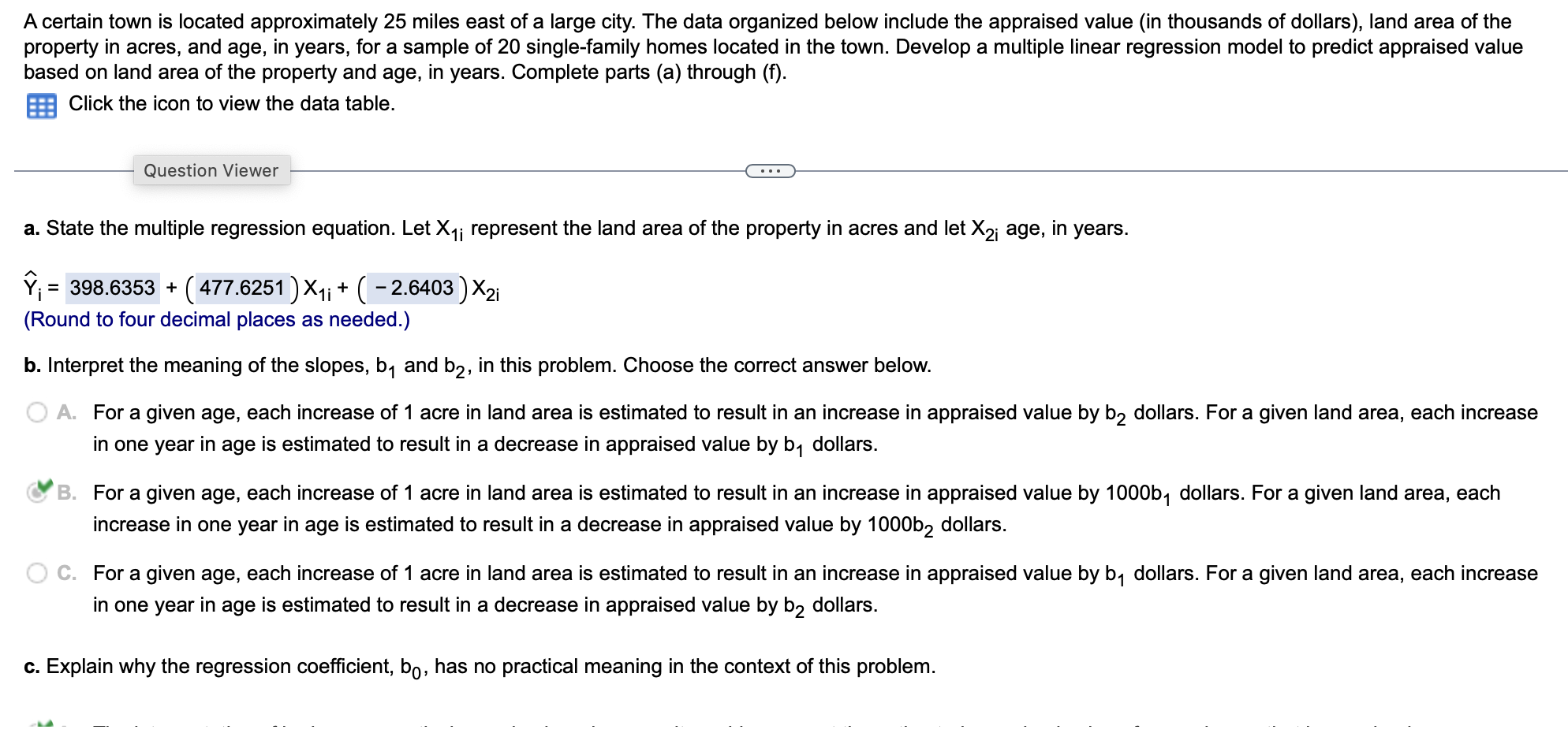 Solved c. Explain why the regression coefficient, b0, has no | Chegg.com