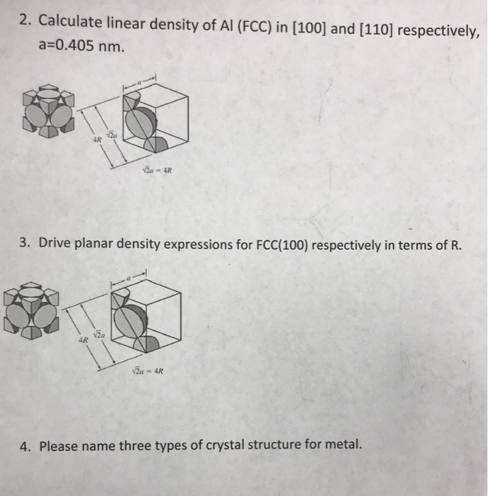 Solved 2. Calculate linear density of Al (FCC) in [100] and | Chegg.com