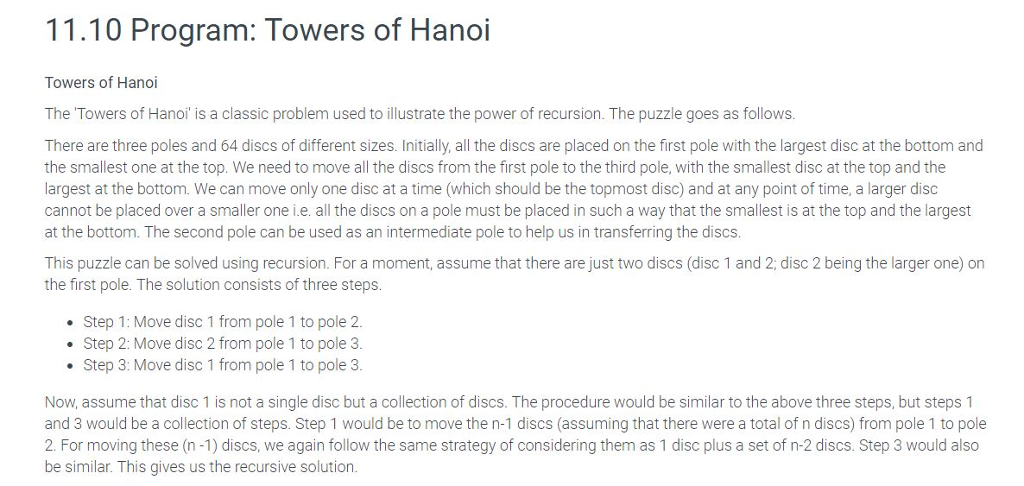 Solved 11.10 Program: Towers of Hanoi Towers of Hanoi The | Chegg.com Solved 11.10 Program: Towers of Hanoi Towers of Hanoi The | Chegg.com