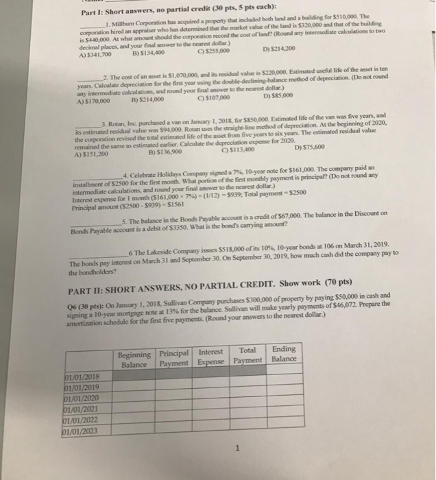 Solved Part I: Short answers, no partial credit (30 pts, 5 | Chegg.com