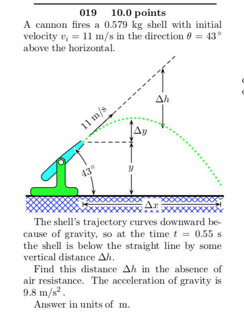 Solved 019 10.0 points A cannon fires a 0.579 kg shell with | Chegg.com