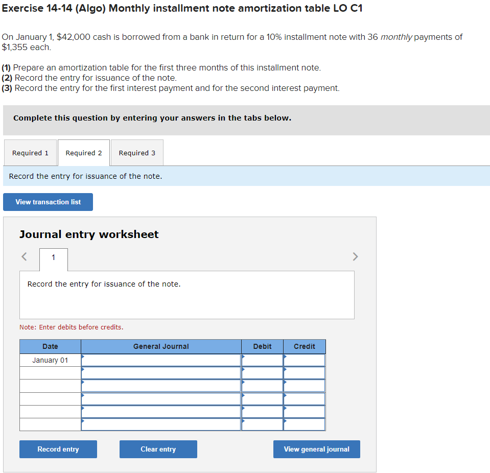 Solved Exercise 14-14 (Algo) Monthly installment note | Chegg.com