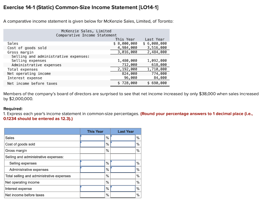 Solved Exercise 14-1 (Static) Common-Size Income Statement | Chegg.com