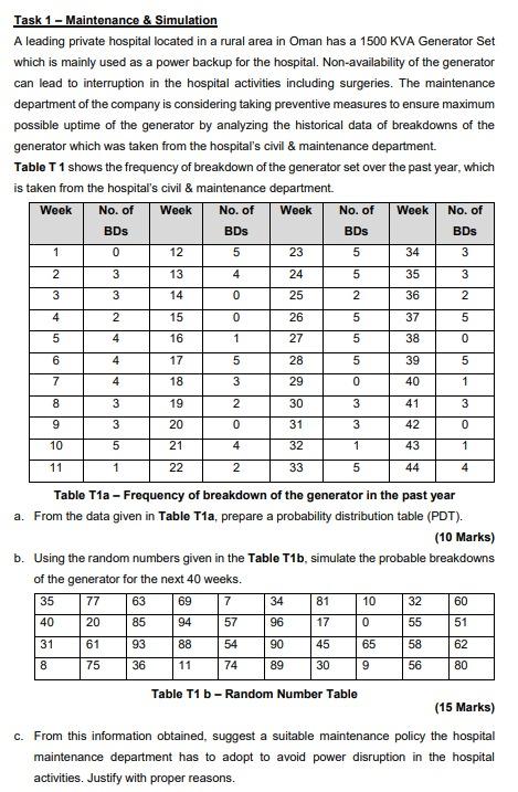 Solved Task 1 - Maintenance \& Simulation A leading private | Chegg.com
