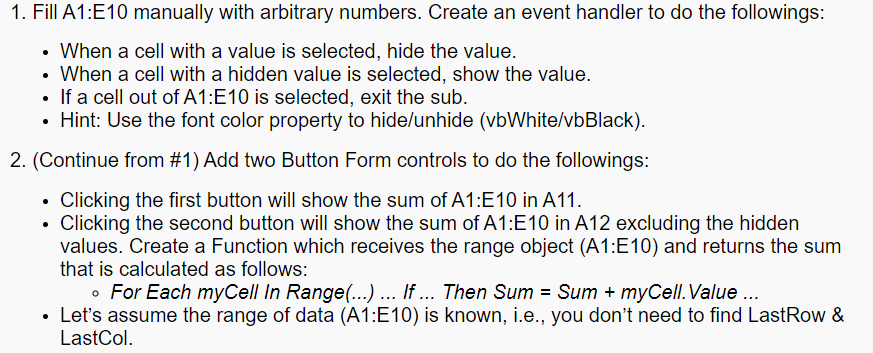 Solved 1. Fill A1:E10 manually with arbitrary numbers. | Chegg.com