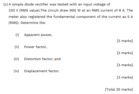 Solved (c) A simple diode rectifier was tested with an input | Chegg.com