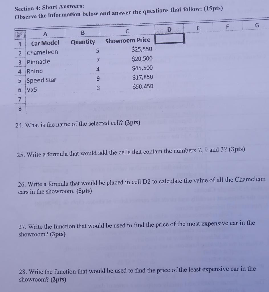 Solved Section 4: Short Answers: Ohserve the information | Chegg.com