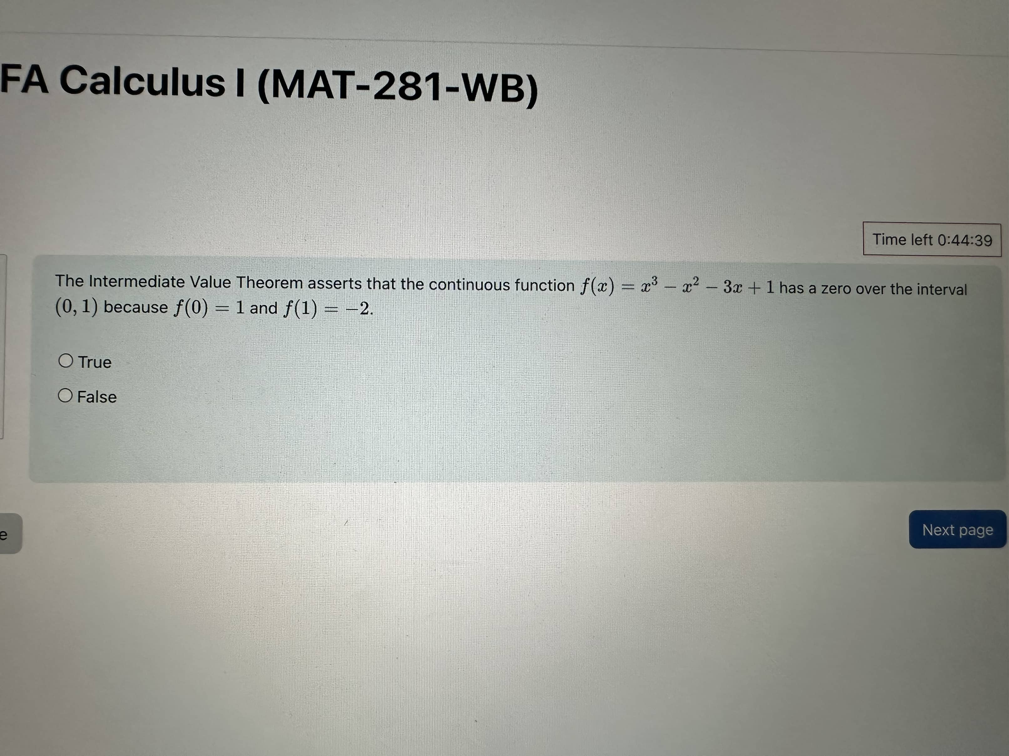 Solved FA Calculus I (MAT-281-WB) The Intermediate Value | Chegg.com