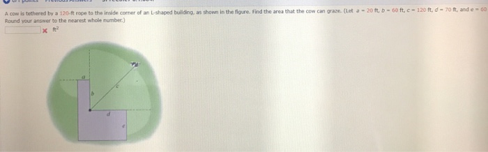 Solved -70ft, and e 60 A cow is tethered by a 120-ft rope to | Chegg.com