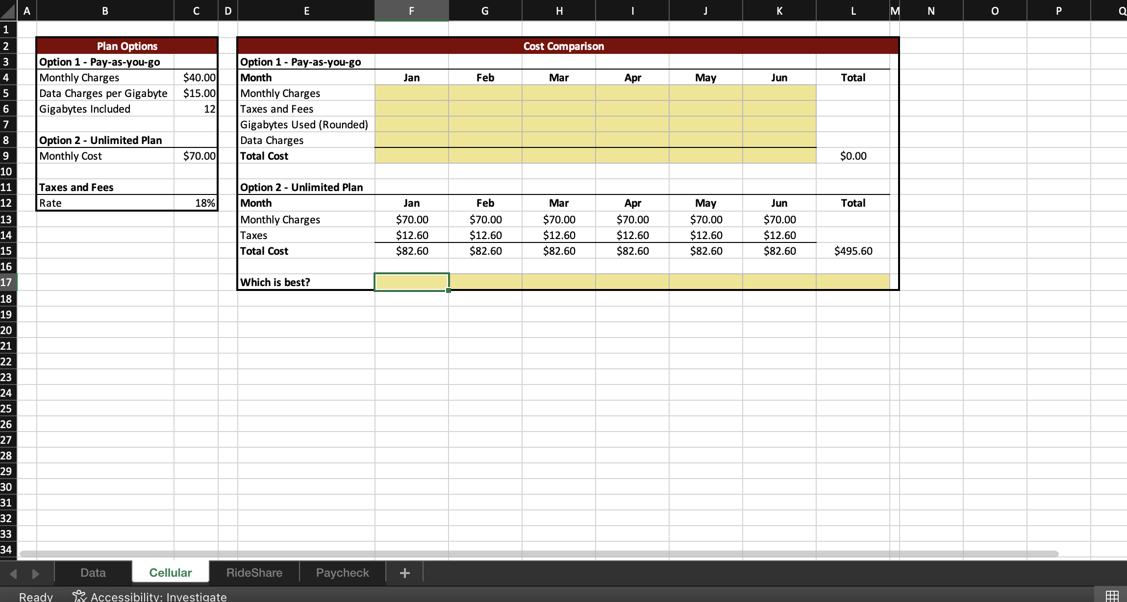 Solved (2.5) Complete the Data Charges row ( F8:K8 ) ) of | Chegg.com
