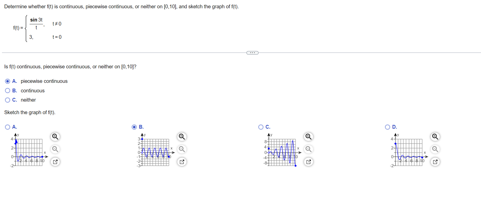 Solved Determine whether f(t) is continuous, piecewise | Chegg.com