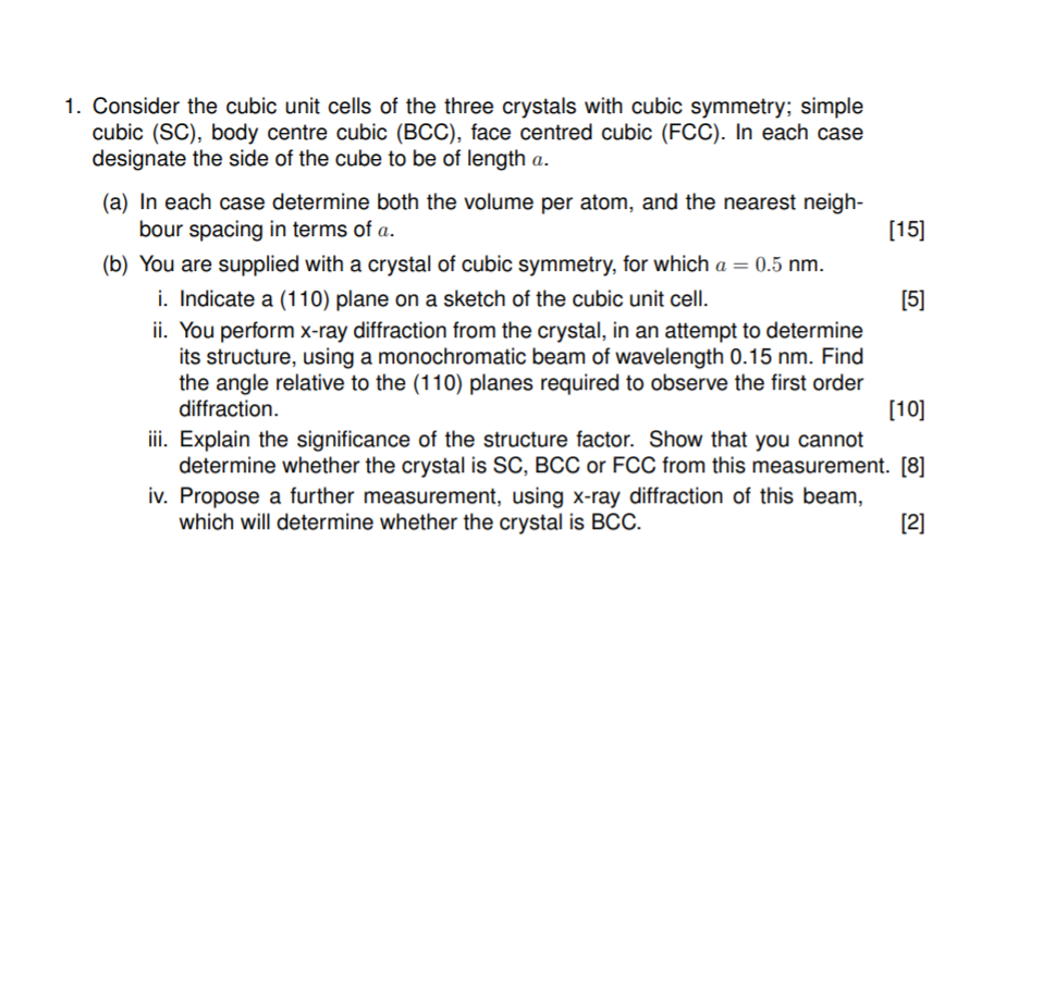 Solved 1. Consider the cubic unit cells of the three | Chegg.com