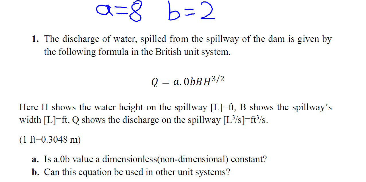 Solved a=8 b=2 1. The discharge of water, spilled from the | Chegg.com