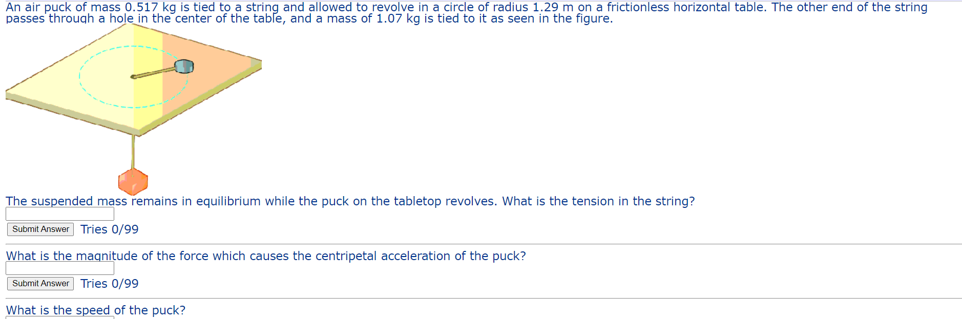 Solved An air puck of mass 0.517 ﻿kg is tied to a string and | Chegg.com