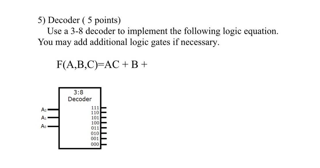 Solved 5) Decoder ( 5 points) Use a 3-8 decoder to implement | Chegg.com