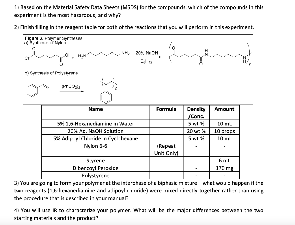Solved 1) Based on the Material Safety Data Sheets (MSDS) | Chegg.com