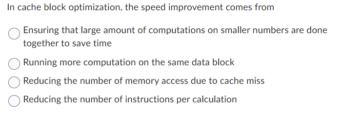 Solved In cache block optimization, the speed improvement | Chegg.com