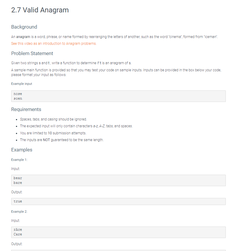 Solved 2.7 Valid Anagram Background An anagram is a word, | Chegg.com