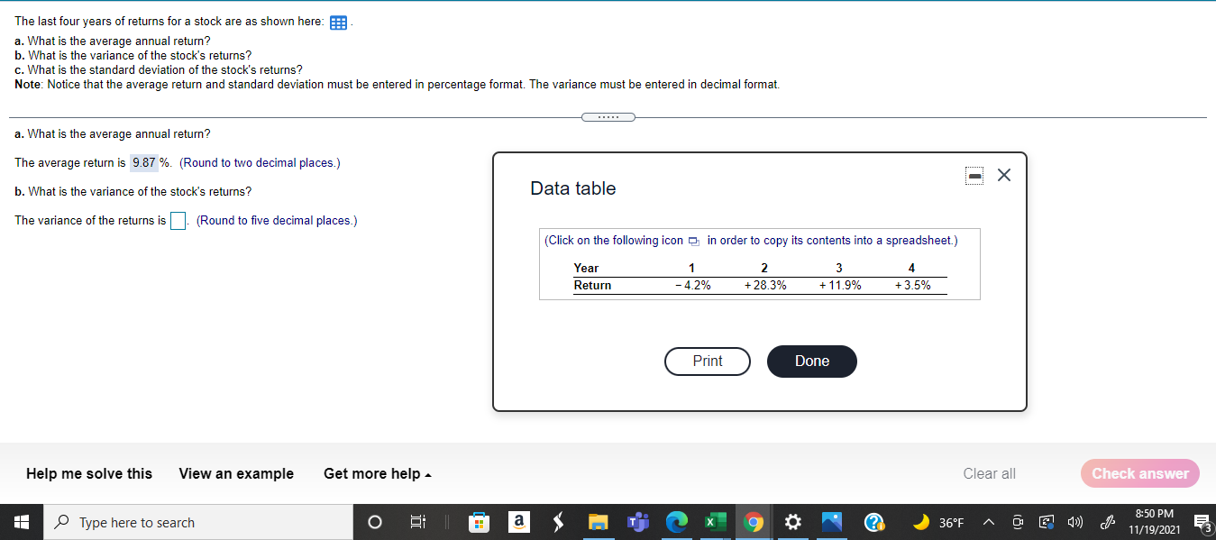 Solved What is the variance of the stock's returns? and what | Chegg.com