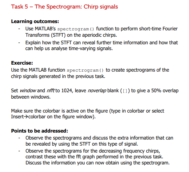 Task 5 - The Spectrogram: Chirp signals Learning | Chegg.com