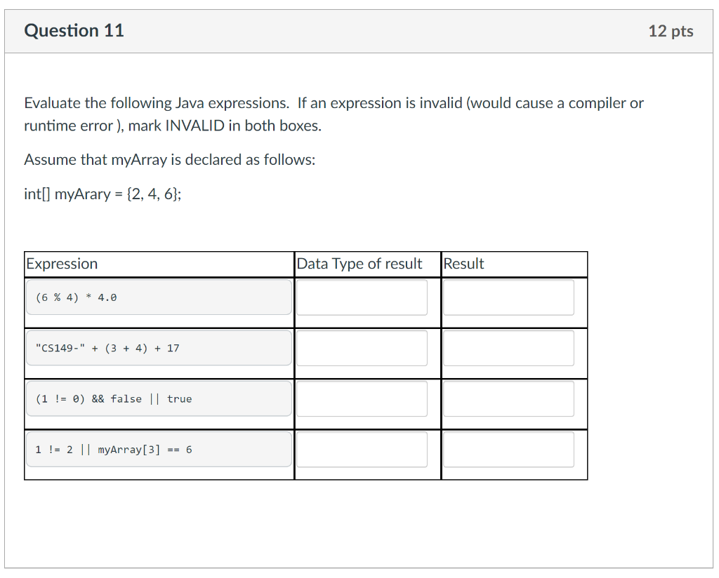 Solved Question 11 12 pts Evaluate the following Java | Chegg.com