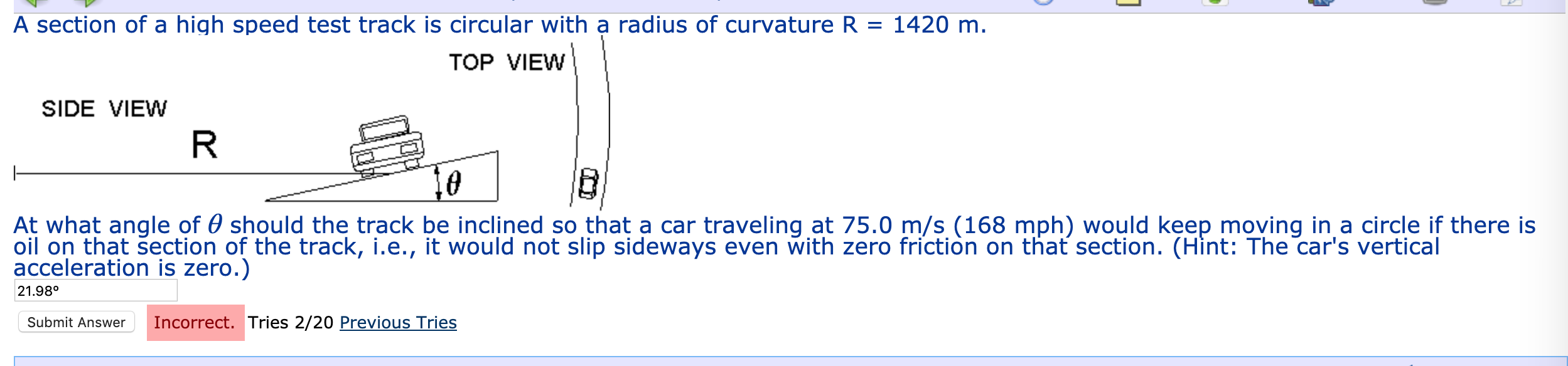 Solved A section of a high speed test track is circular with | Chegg.com