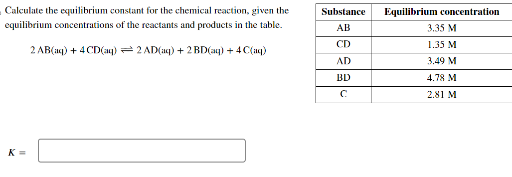 Solved Calculate the equilibrium constant for the chemical | Chegg.com